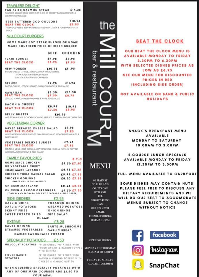 Menu at The Mill Court restaurant, Dungannon, 40 Main St