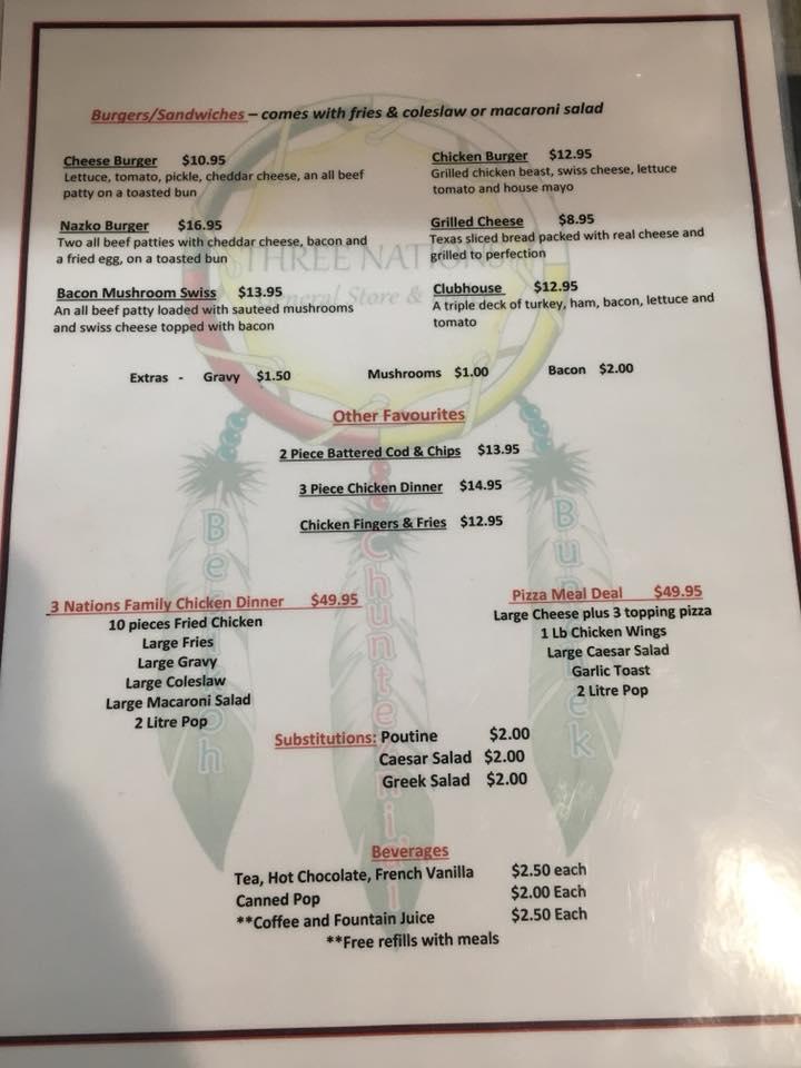 Menu at 3 Nations Store restaurant, Canada