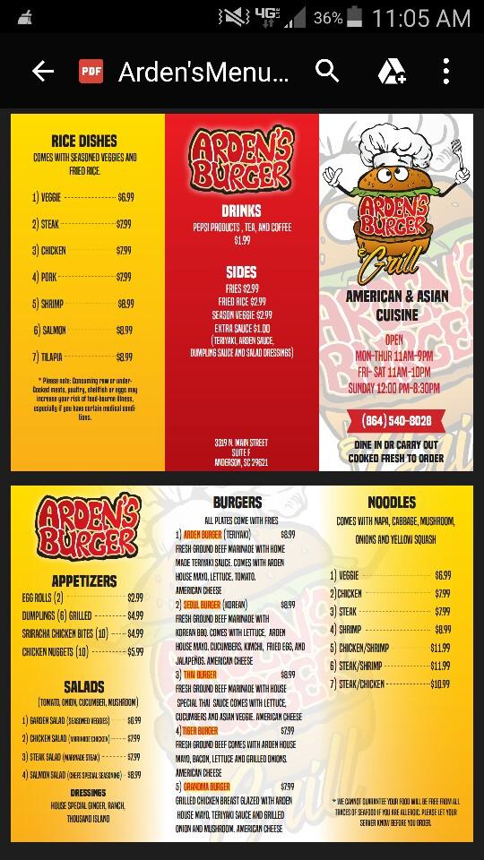 Menu at Arden's Burger & Grill restaurant, Anderson
