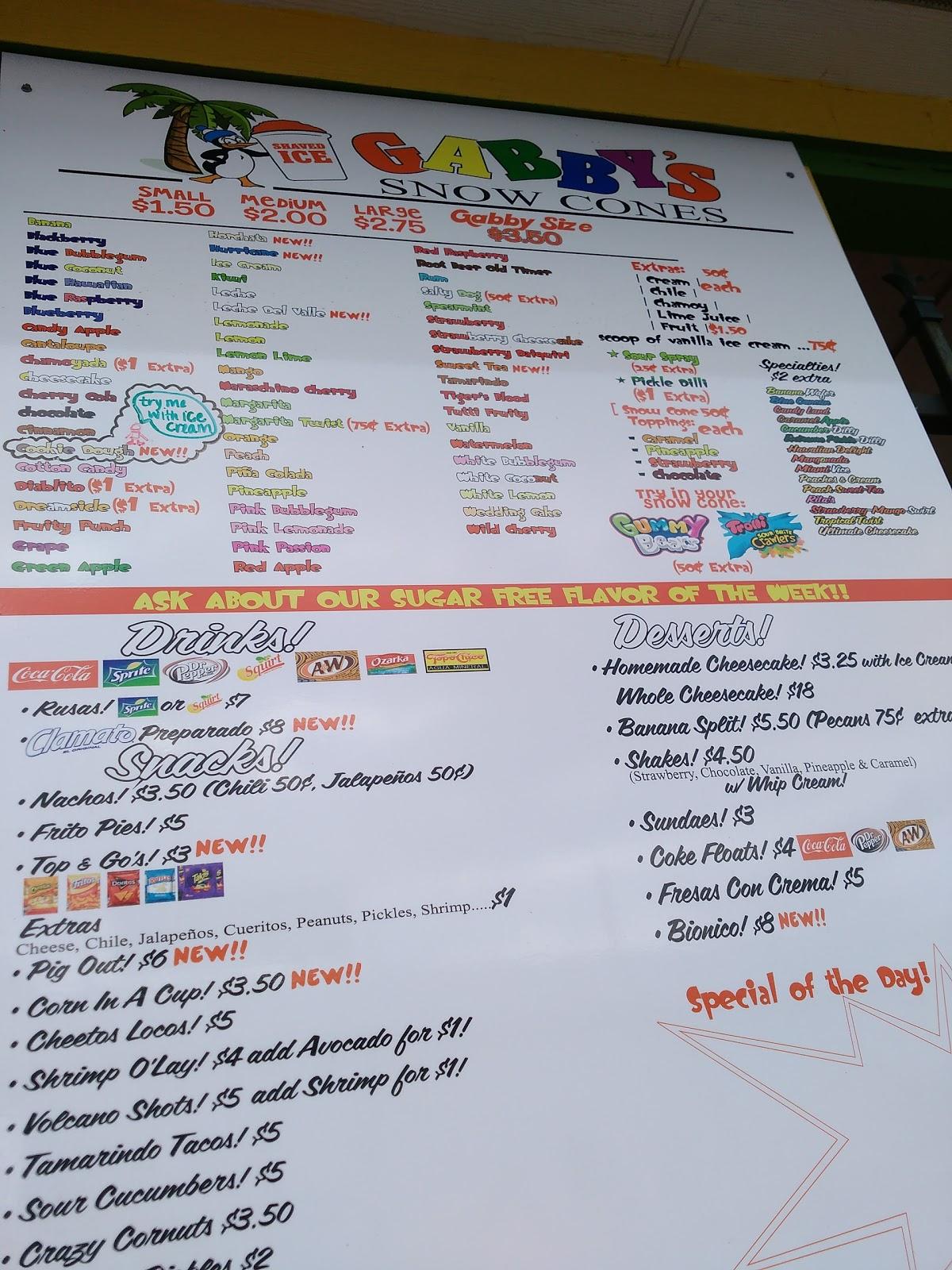 Menu at Gabby's Snow Cones desserts, Rosenberg