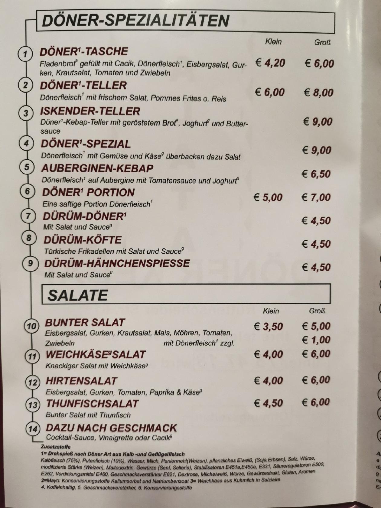 Menu at Galata Kebap restaurant, Essen