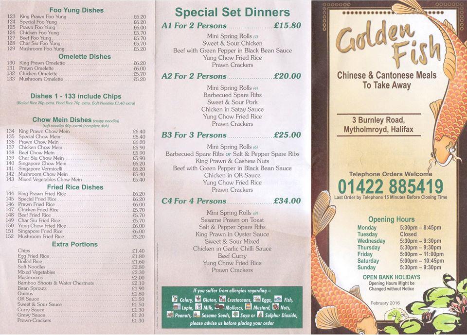 Menu at Golden Fish fast food, Hebden Bridge