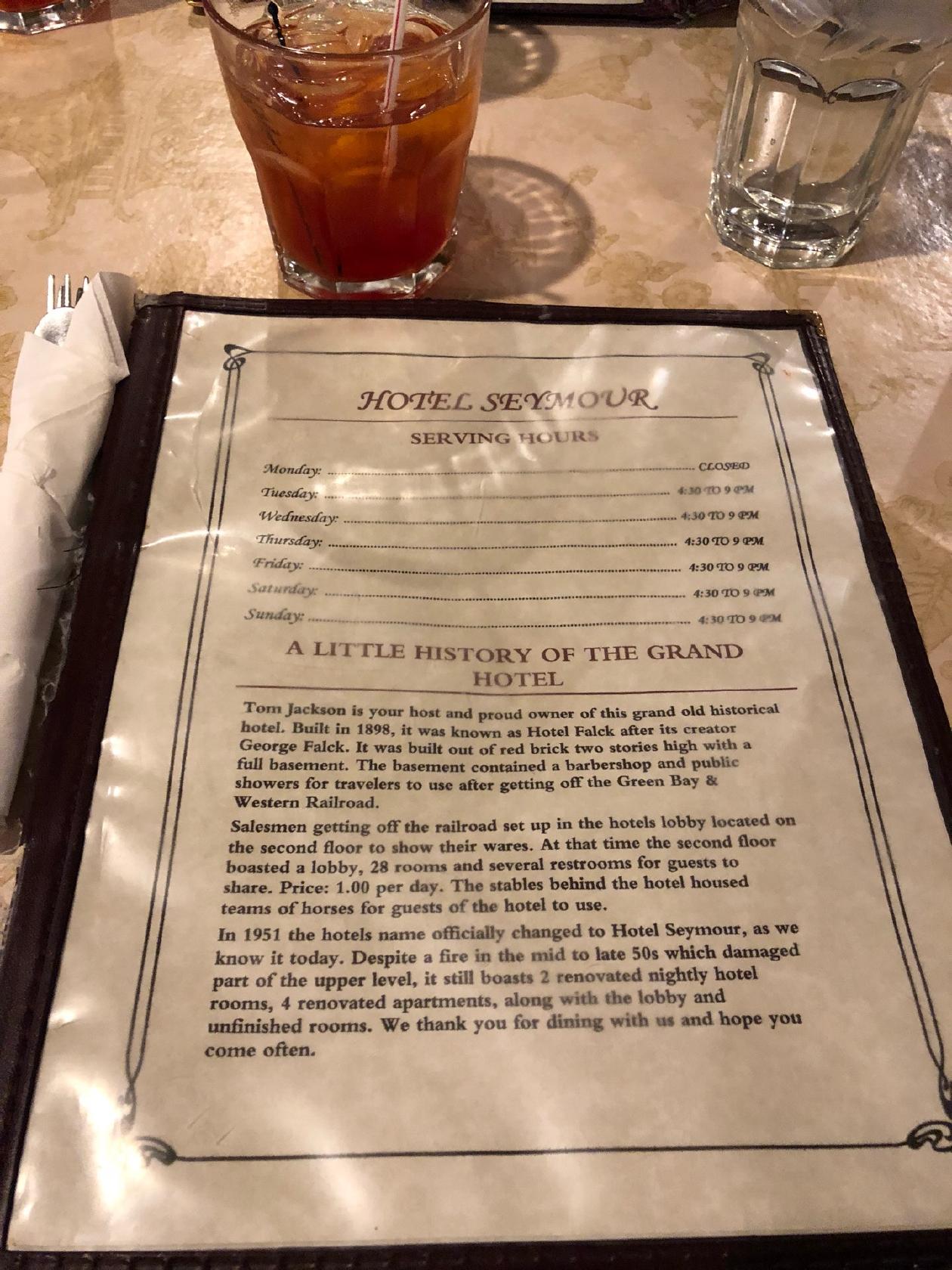 Menu at Hotel Seymour Supperclub, Seymour