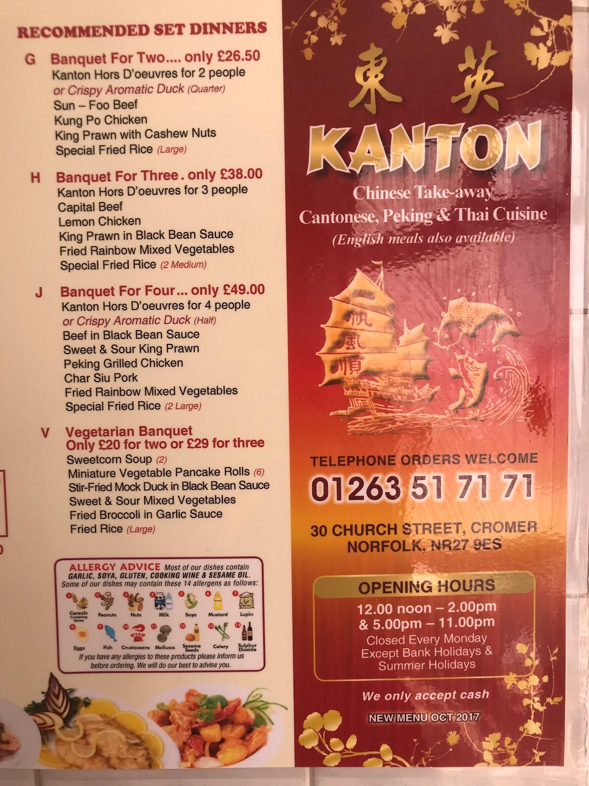 Menu at Kanton fast food, Cromer