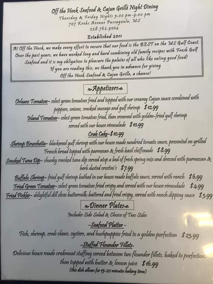 Menu at Off the Hook restaurant, Pascagoula