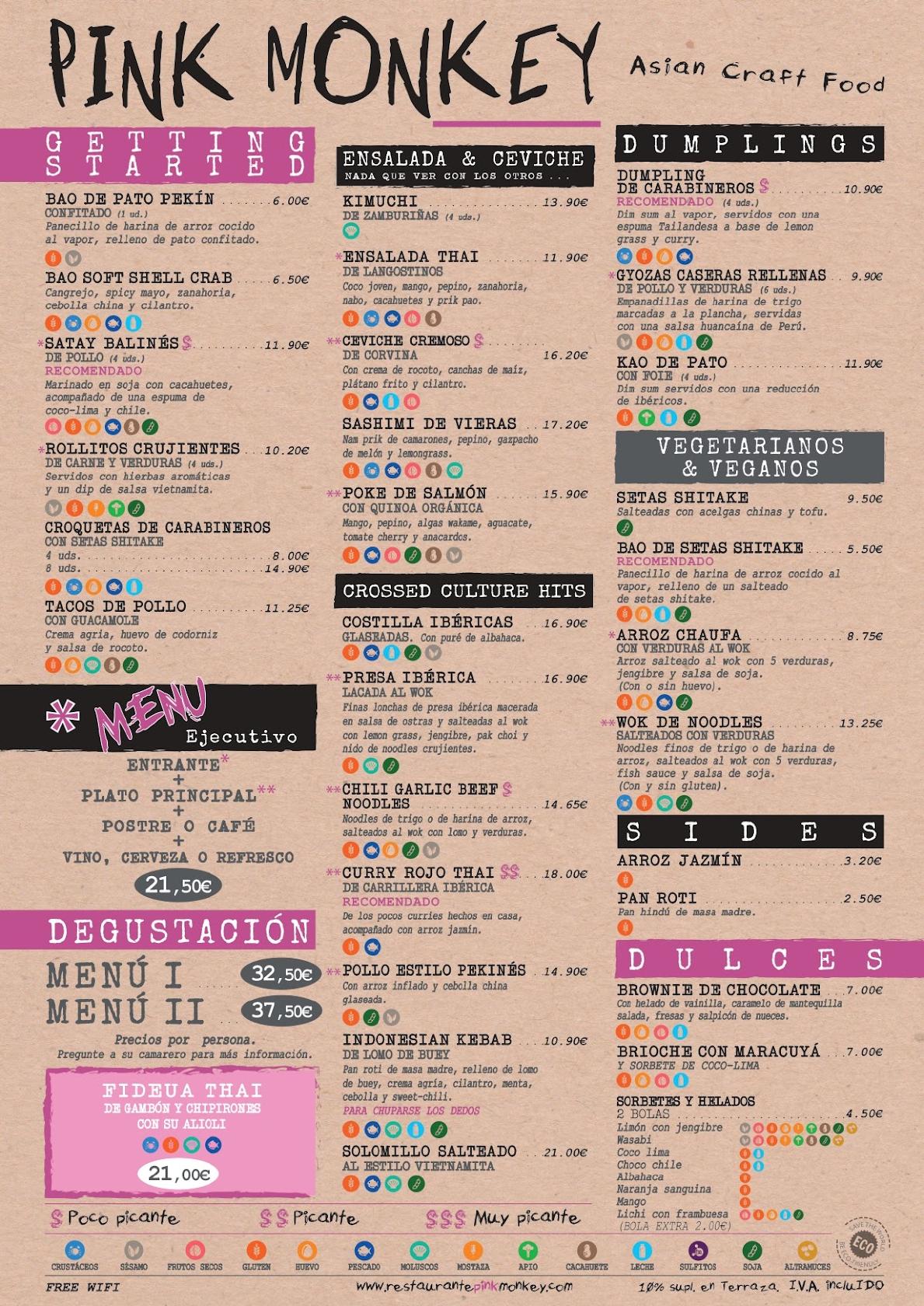 Menu at Pink Monkey restaurant, Madrid