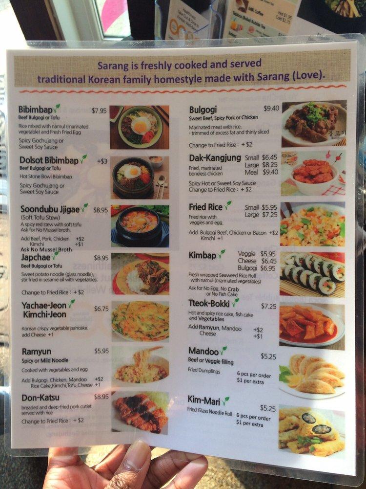 Menu at Sarang restaurant, Louisville