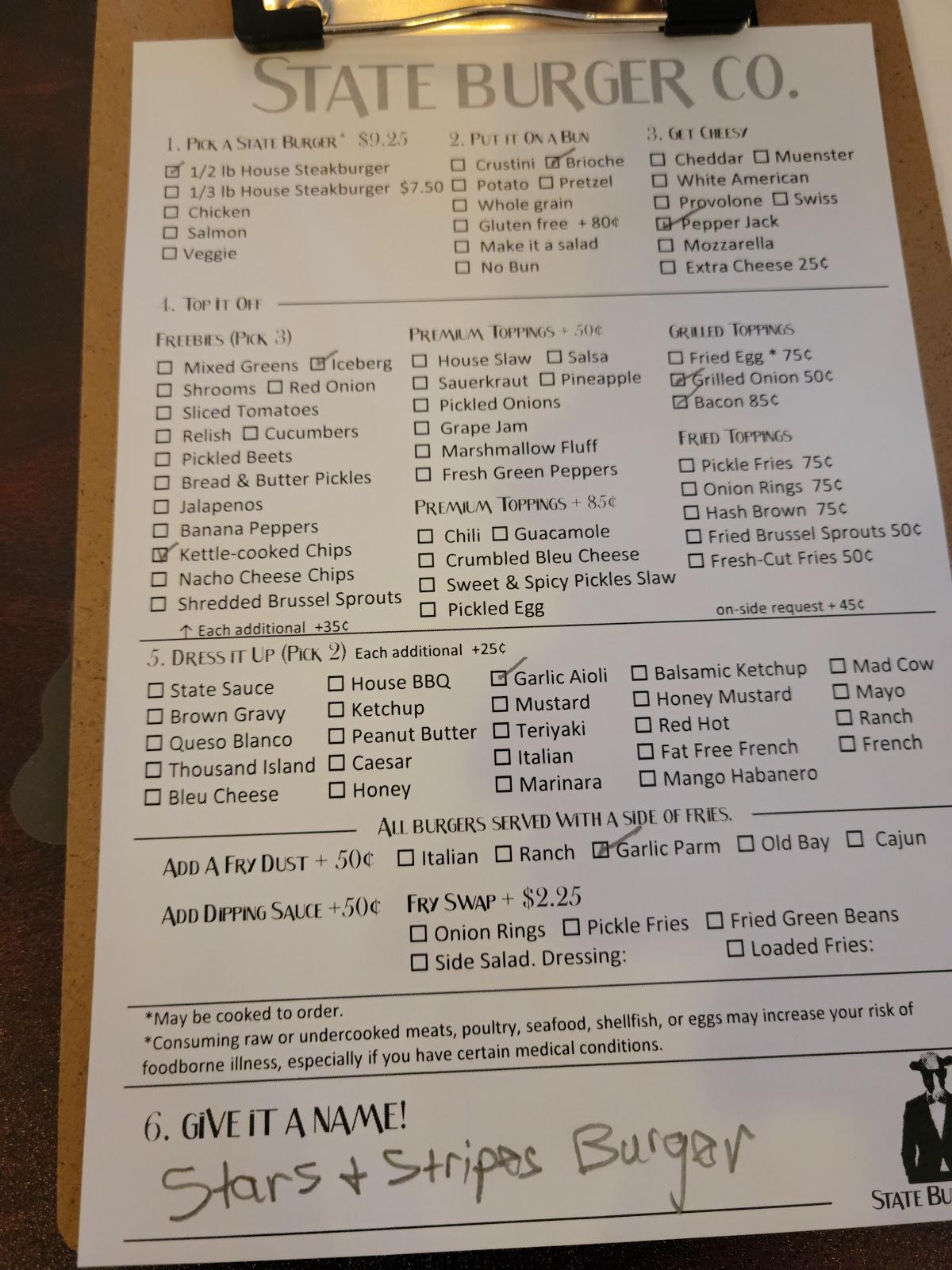 Menu at State Burger Co. restaurant, Bellefonte
