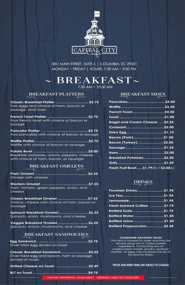 Menu at The Capital City Cafe, Columbia