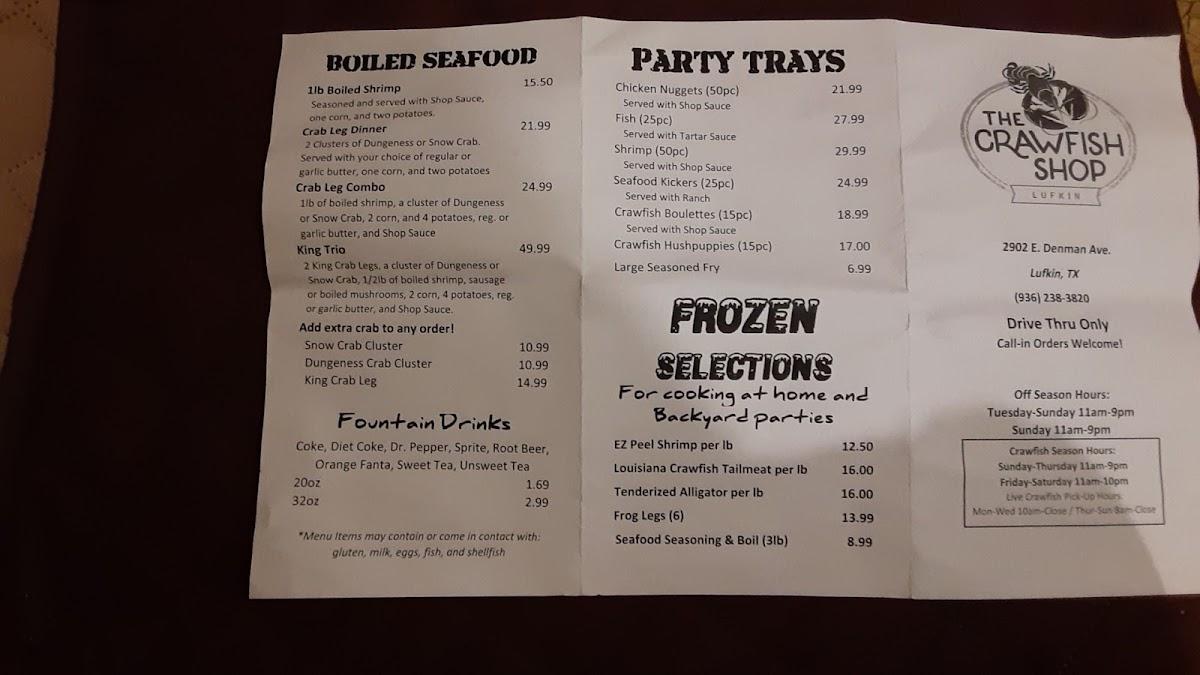 Menu at The Crawfish Shop fast food, Lufkin