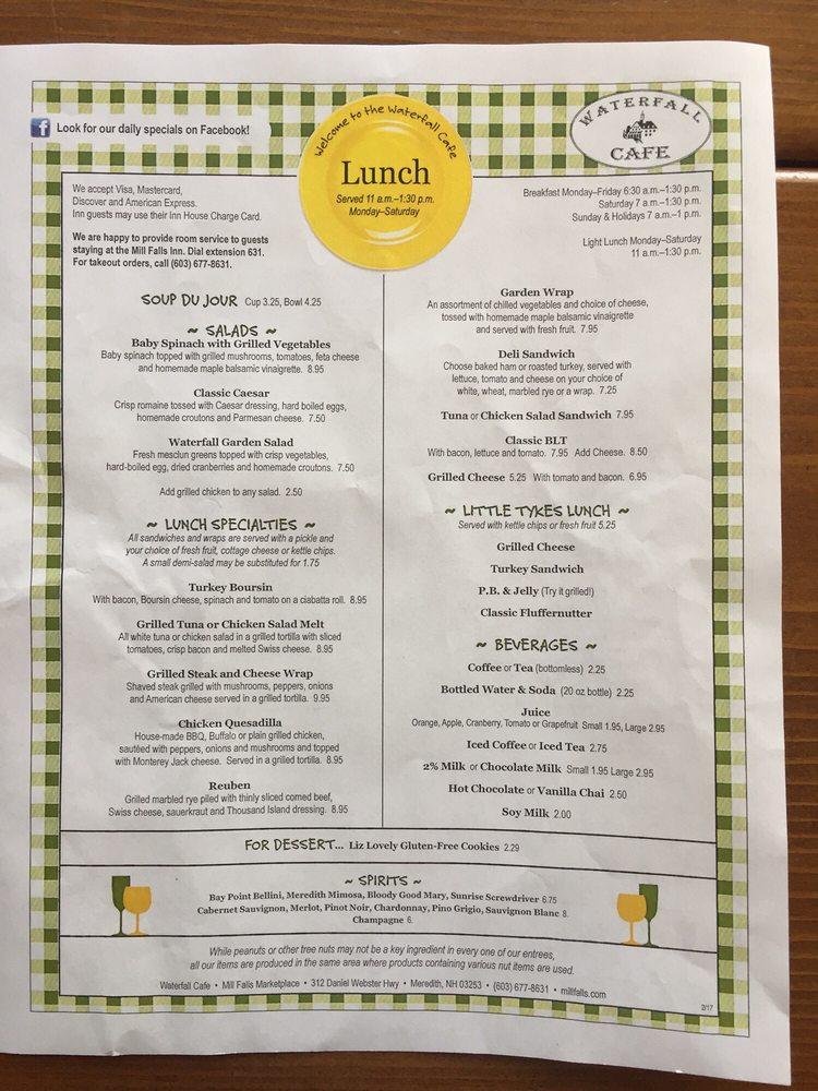 Menu at Waterfall Cafe, Meredith