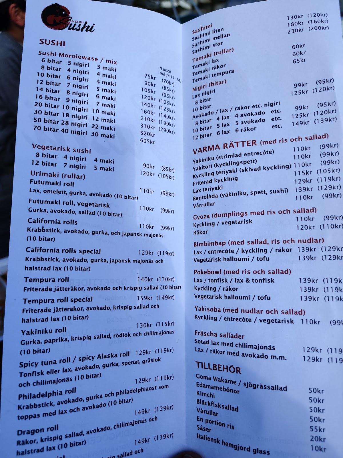 Menu at Azuki sushi restaurant, Lidingö