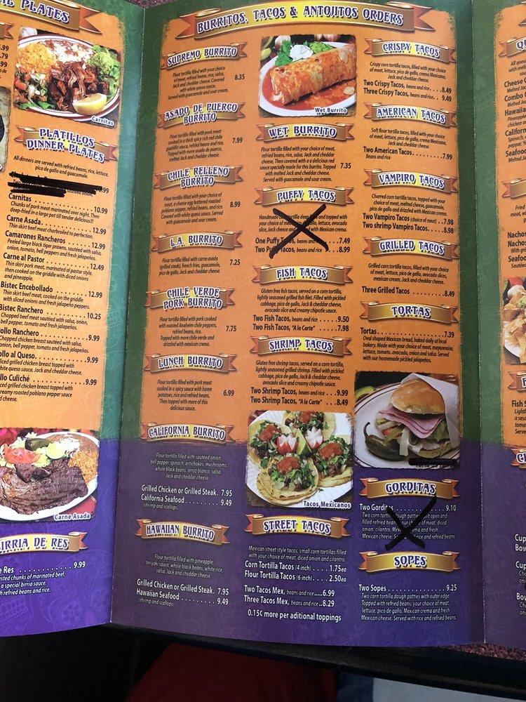 Menu at Calaveras Mexican Grill restaurant, Tulsa