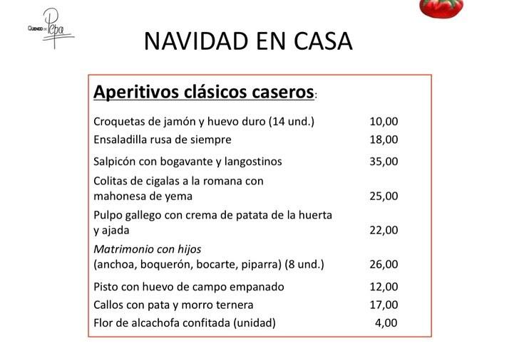 Carta del restaurante El Qüenco del Pepa, Madrid, C. del Henri Dunant