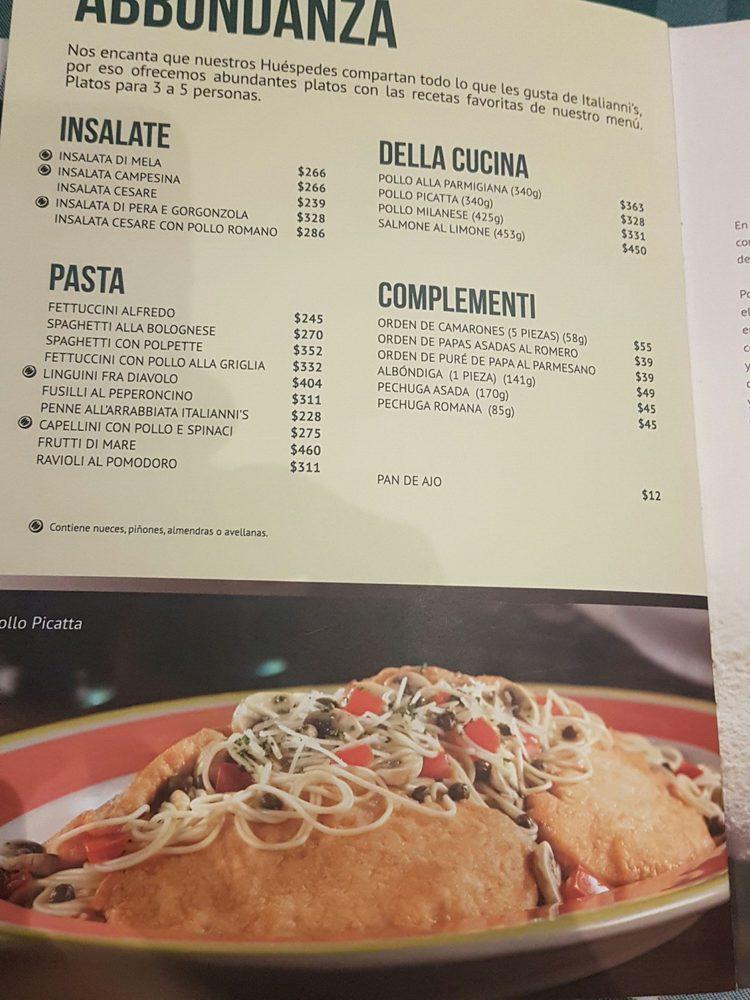 Menu at Italianni's restaurant, Puebla City, Arroyo Xonaca 1006