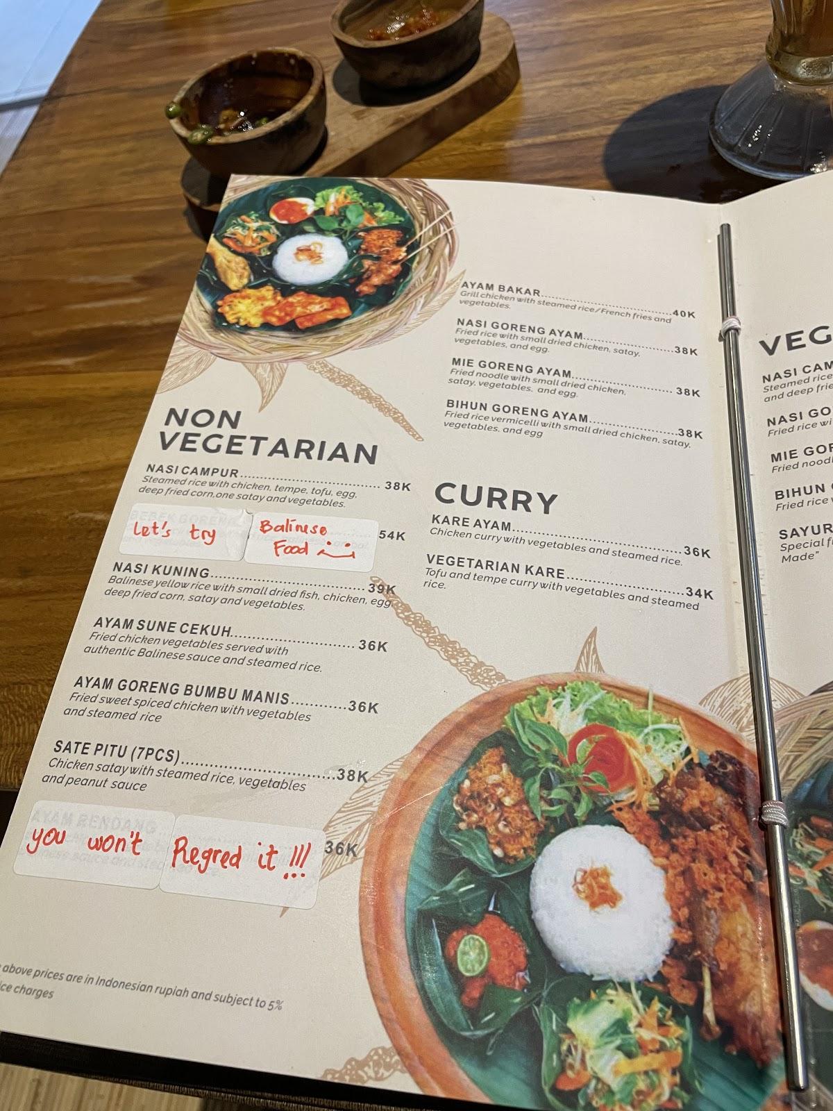 Carta del restaurante Sun Sun Warung, Ubud
