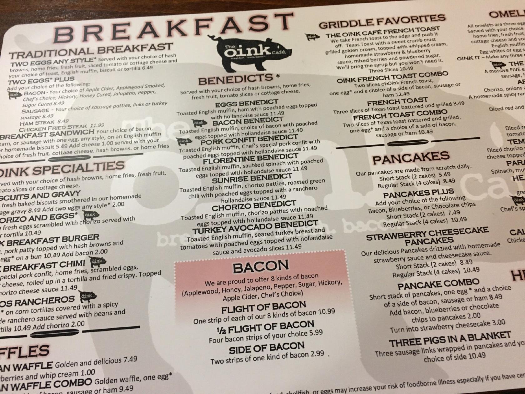 Menu at The Oink Cafe, Phoenix