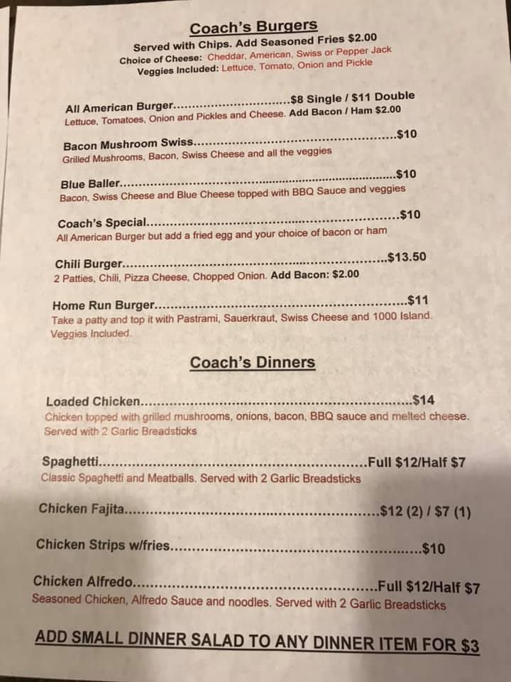 Menu at Coach's Family Sports Bar, Nezperce
