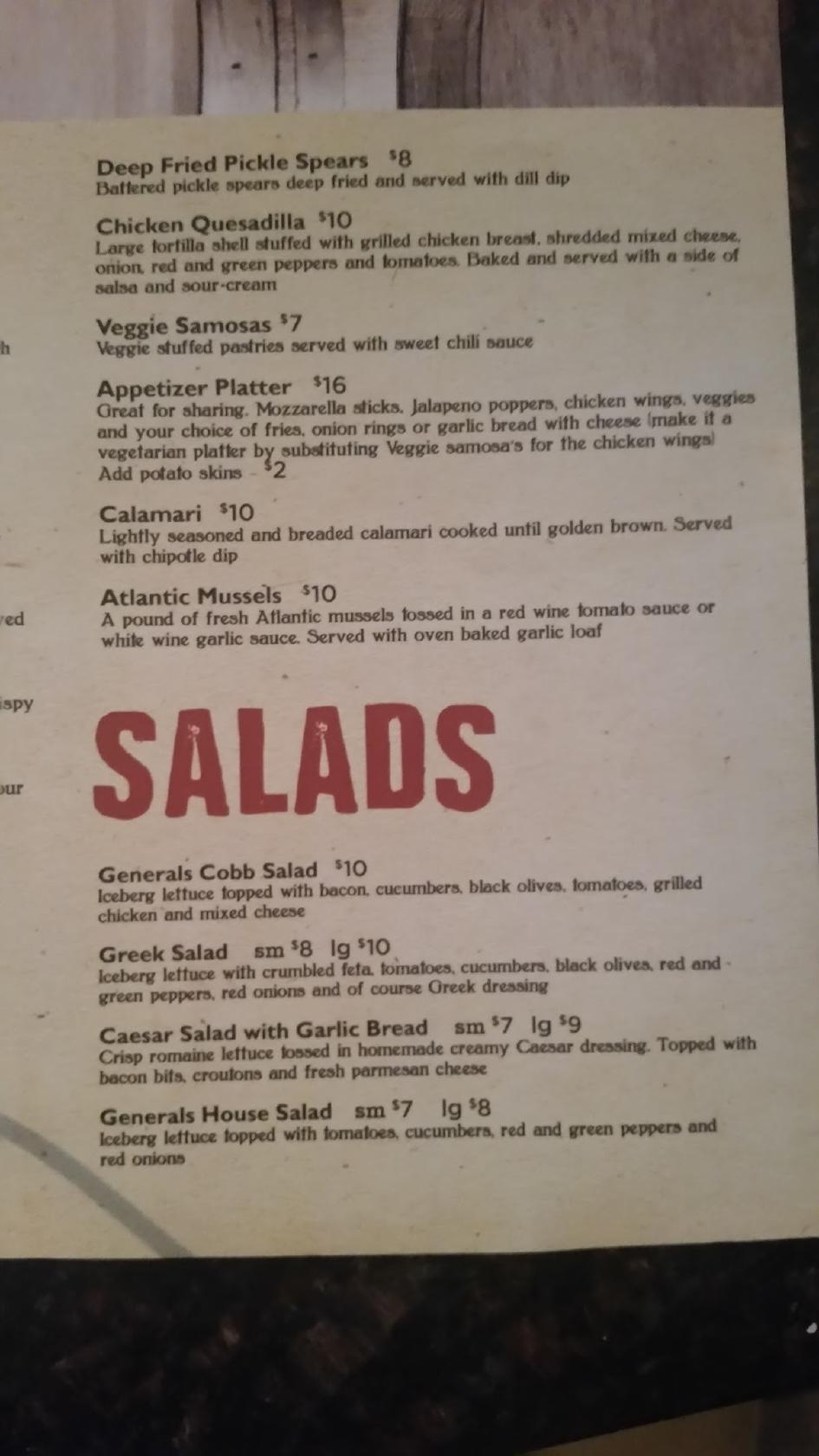 Menu at General Pub and Grill, Oshawa