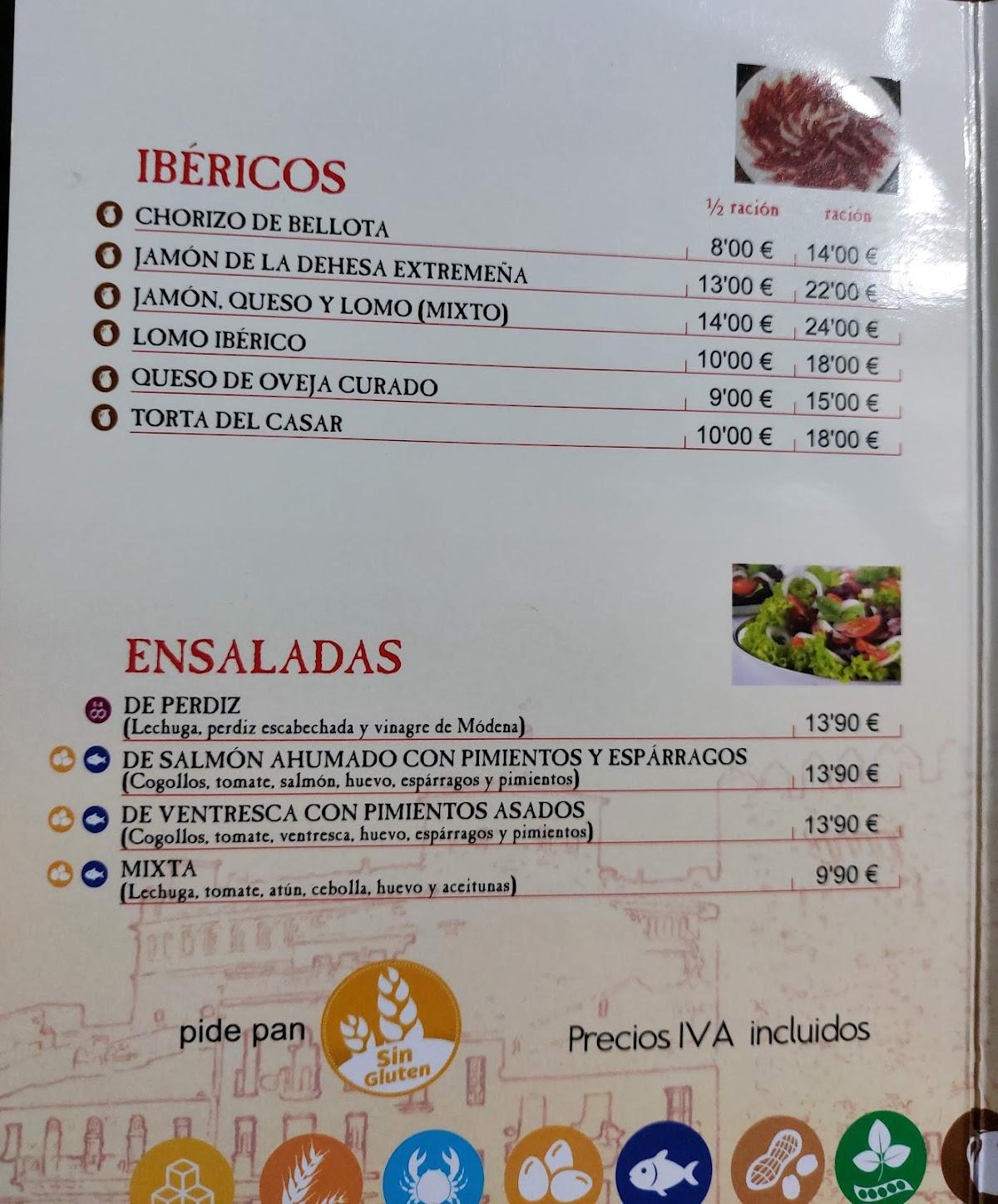 Carta del restaurante Mesón Viña Grande, Cáceres, Calle De