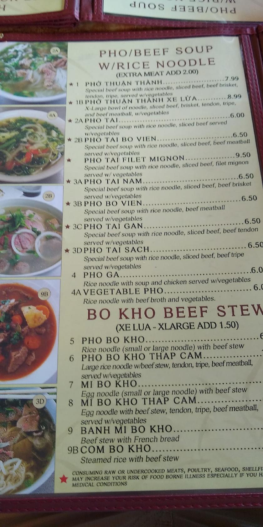 Menu at Pho Thuan Thanh restaurant, Mesa