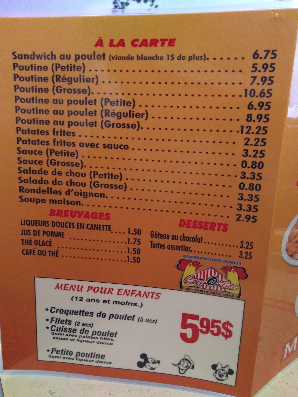 Menu at Rôtisserie Coq-O-Bec restaurant, Montreal