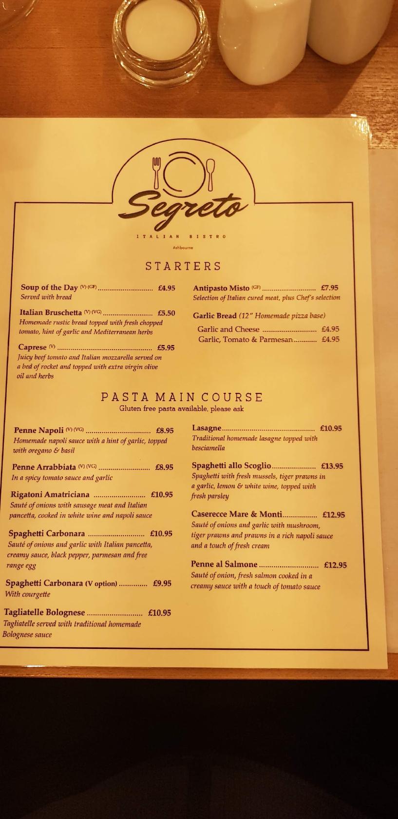 Menu at Segreto Italian Bistro restaurant, Ashbourne