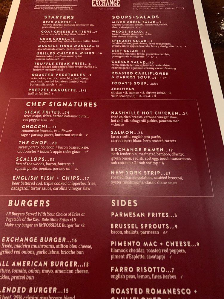 Menu at The Exchange Pub + Kitchen, New Albany