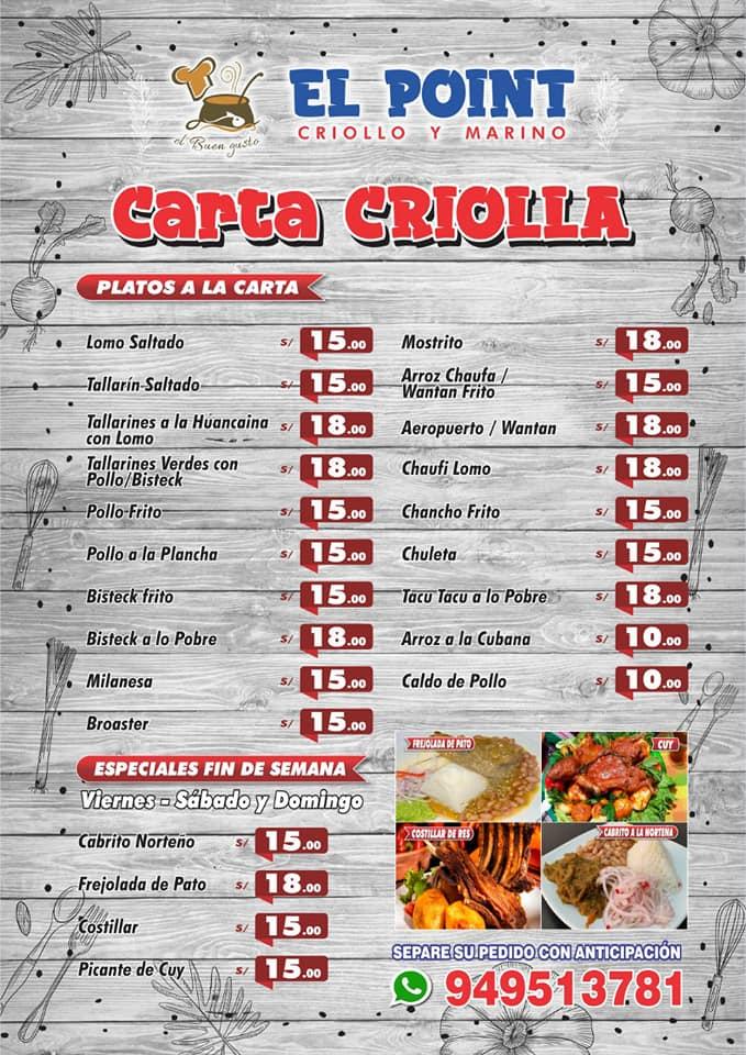 Menu at Restaurant "El Point" criollo y marino, Chimbote