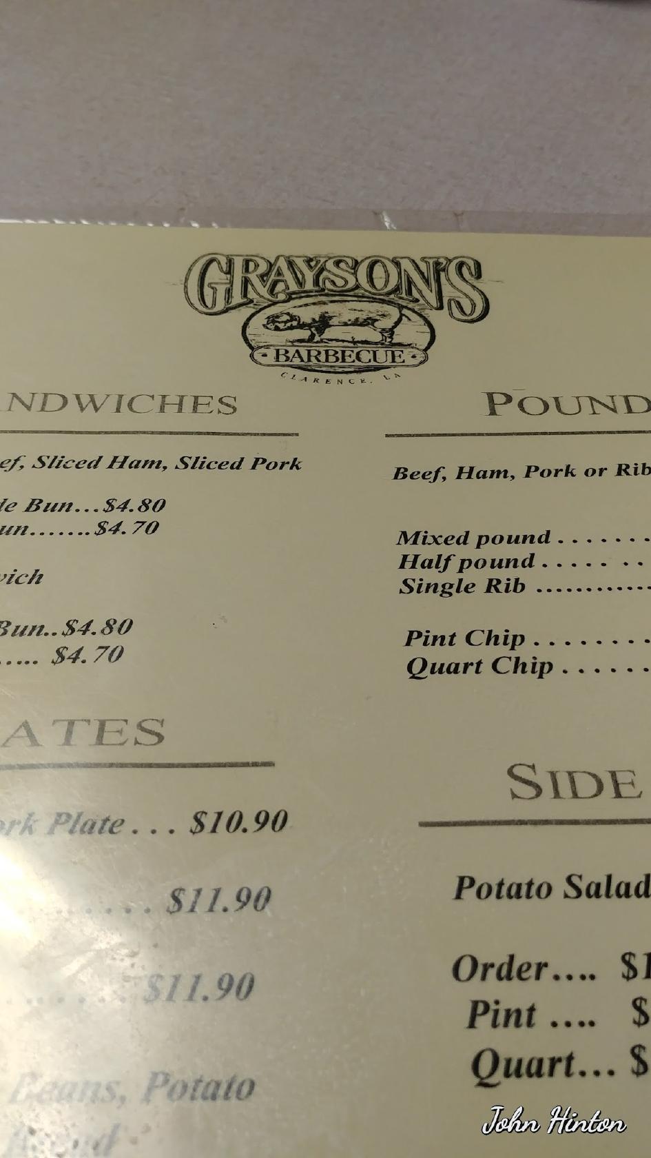 Menu at Grayson's Barbeque, Clarence