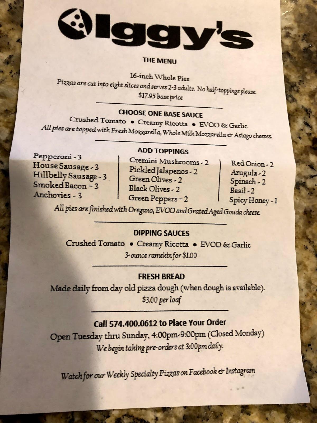 Menu at Iggy's Pizza Shop pizzeria, Granger