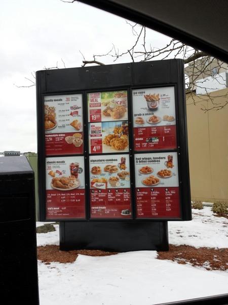 Menu at KFC fast food, Saugus, 421 Broadway; Rt