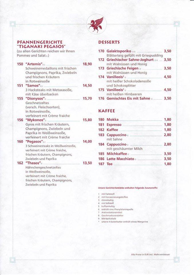 Carta del restaurante Pegasus, Heitersheim