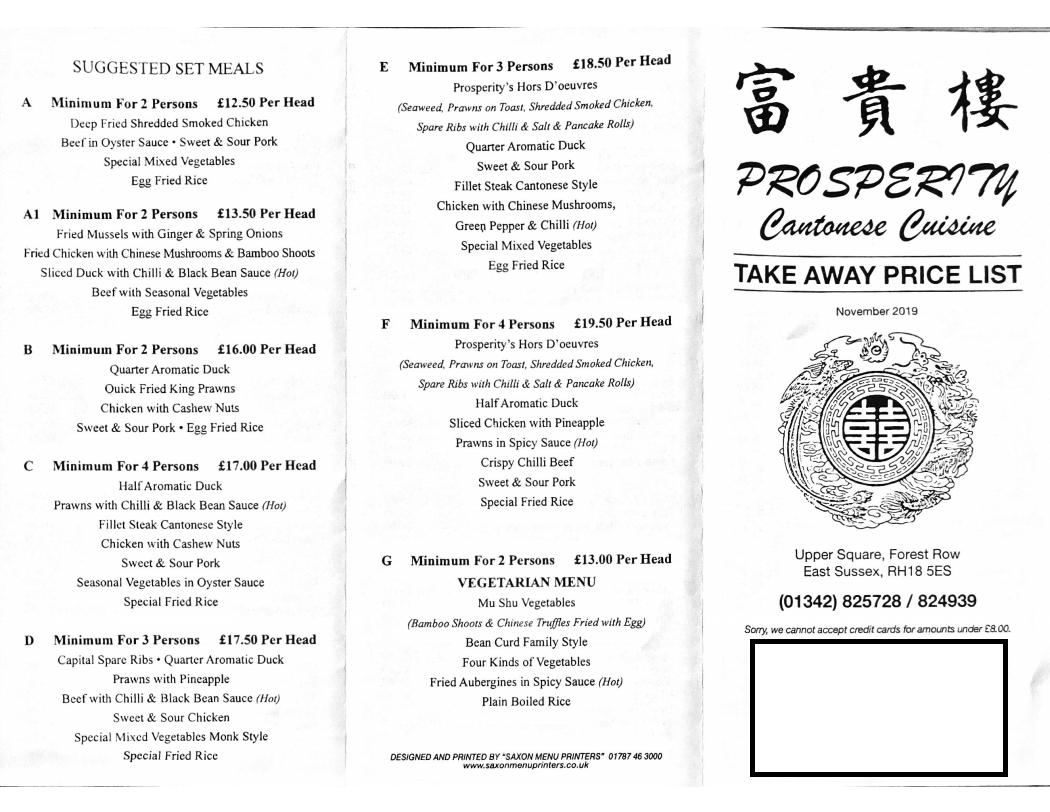 Menu at Prosperity Restaurant, Forest Row, Upper Sq