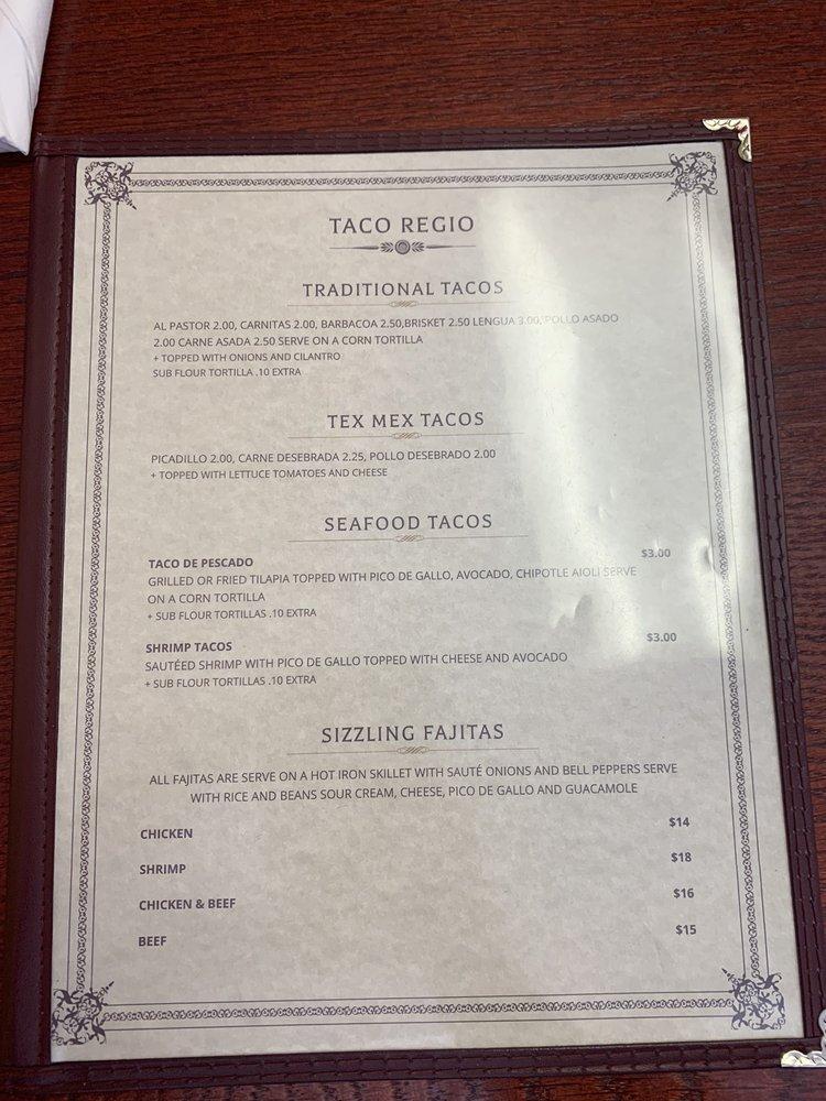 Menu at Taco Regio restaurant, Arlington, W Arkansas Ln #107A