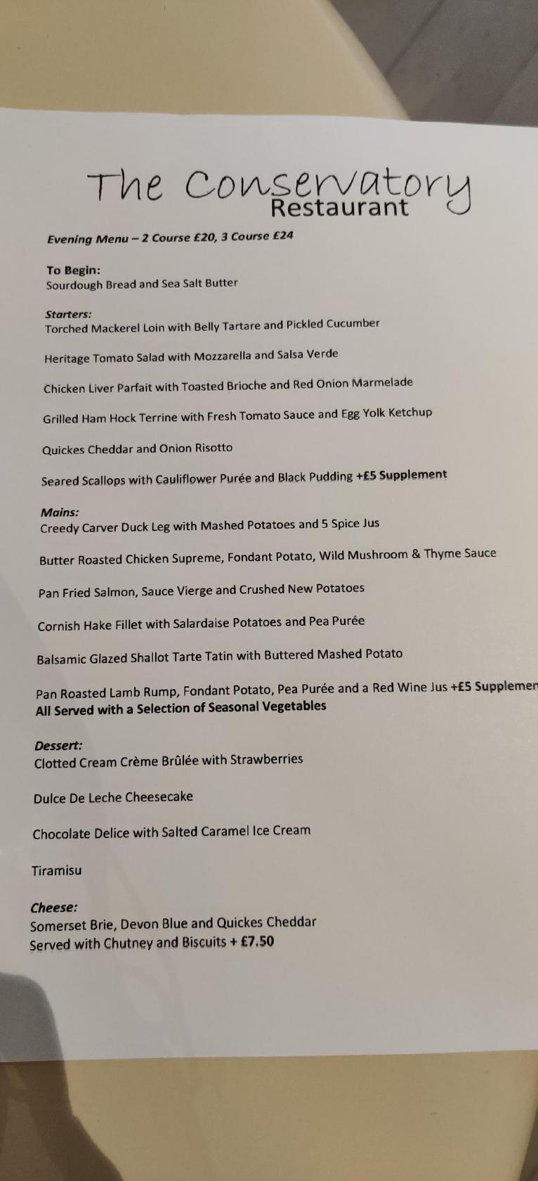 Menu at The Conservatory restaurant, Exeter