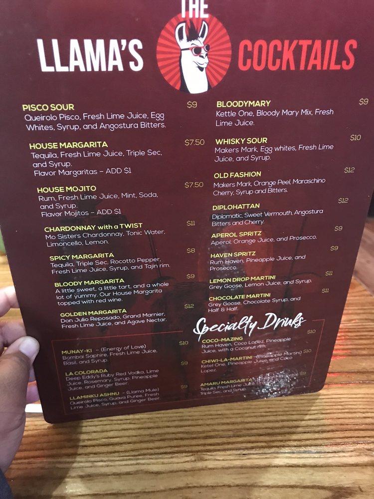 Menu at The Llama’s House restaurant, Estero
