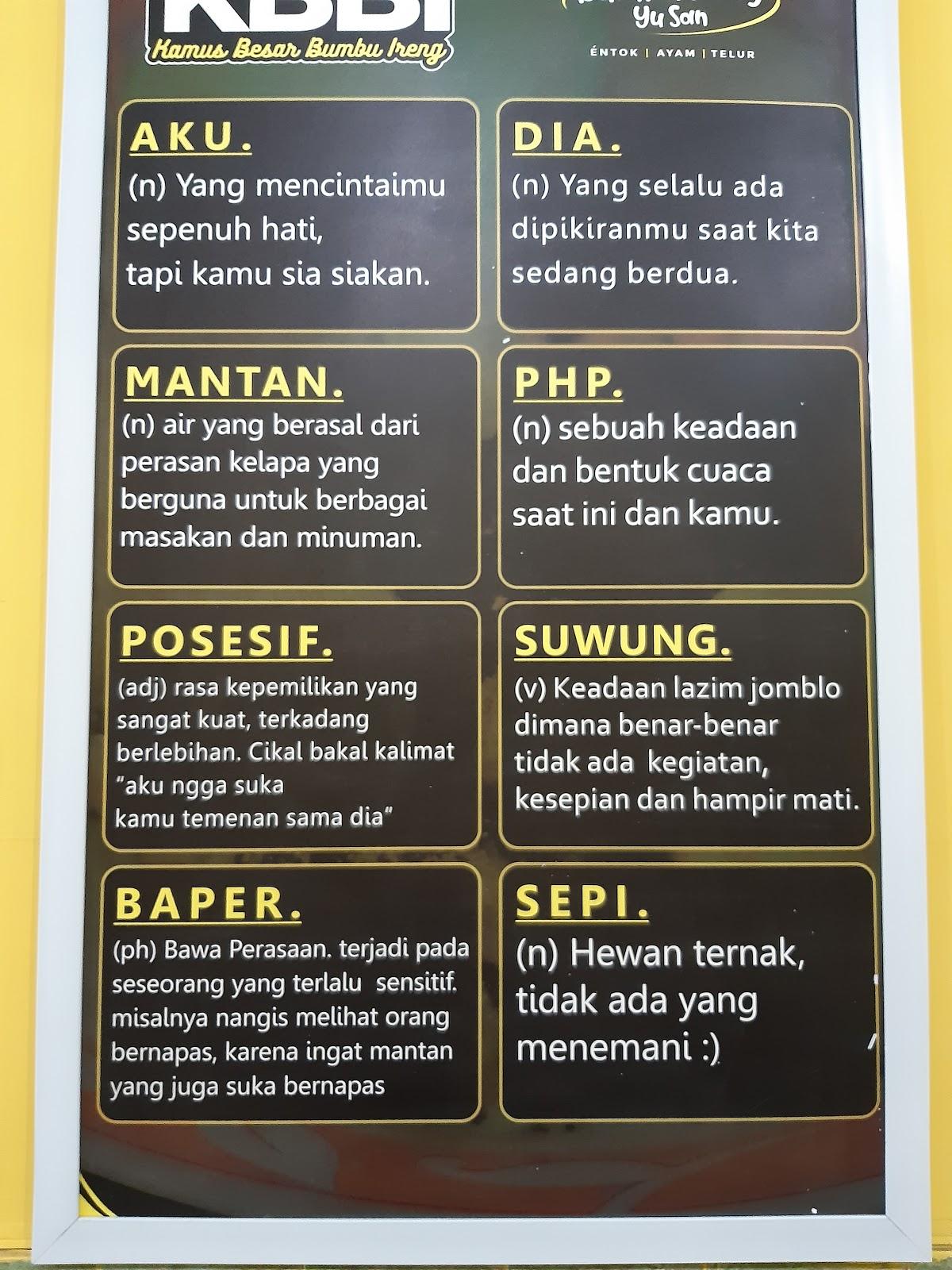 Menu at Bumbu Ireng Yu San restaurant, Malang