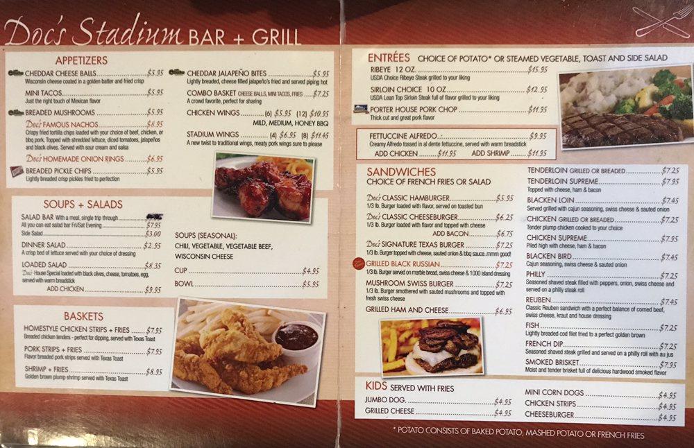 Menu at Doc's Stadium steakhouse, Jefferson