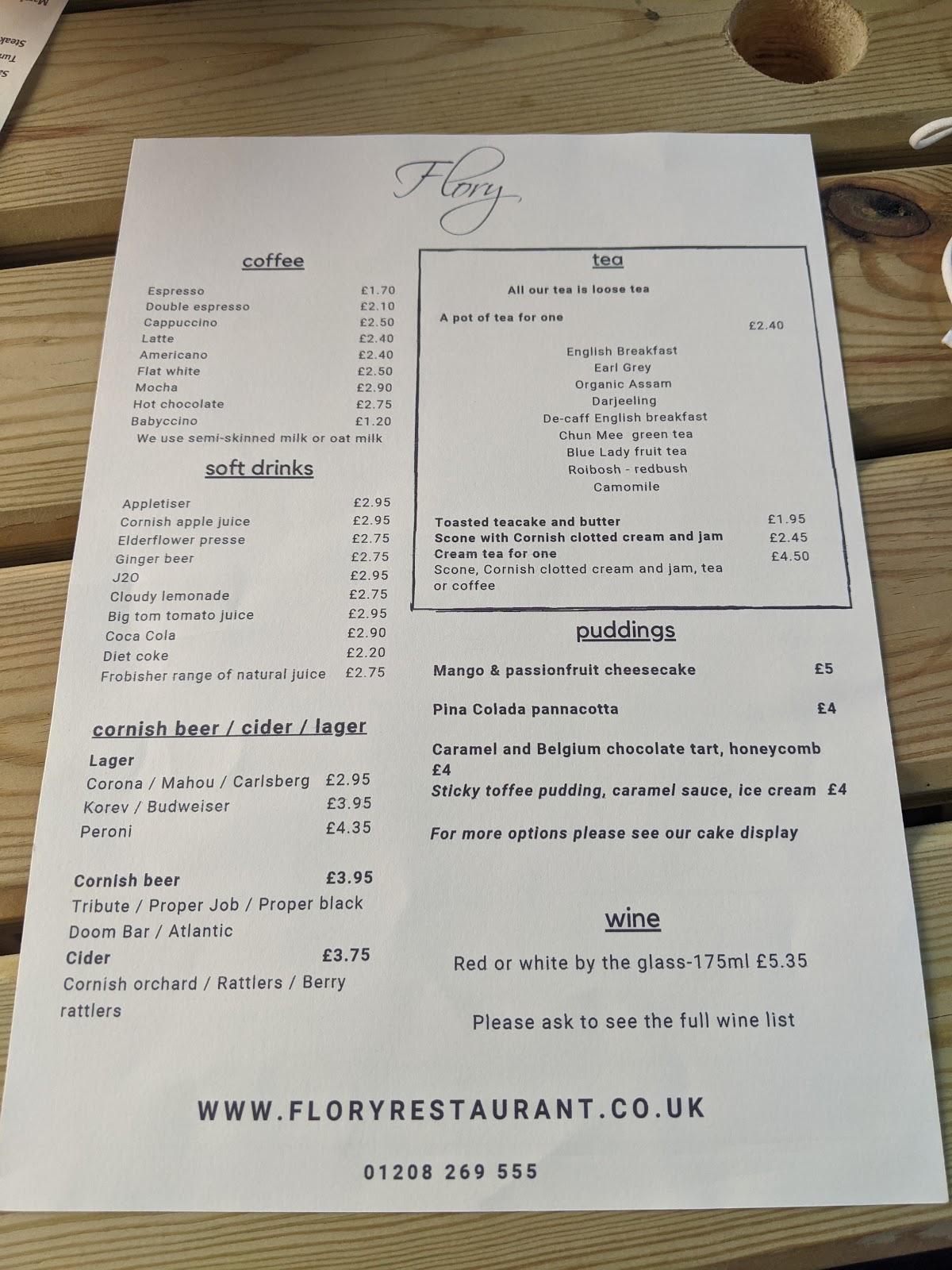 Menu at Flory Restaurant and Café, Bodmin, Bodmin