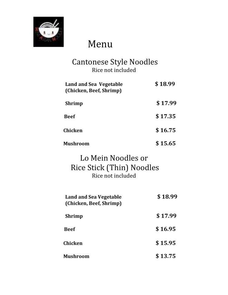 Menu at Mini Asian Noodle Takeout restaurant, Moncton