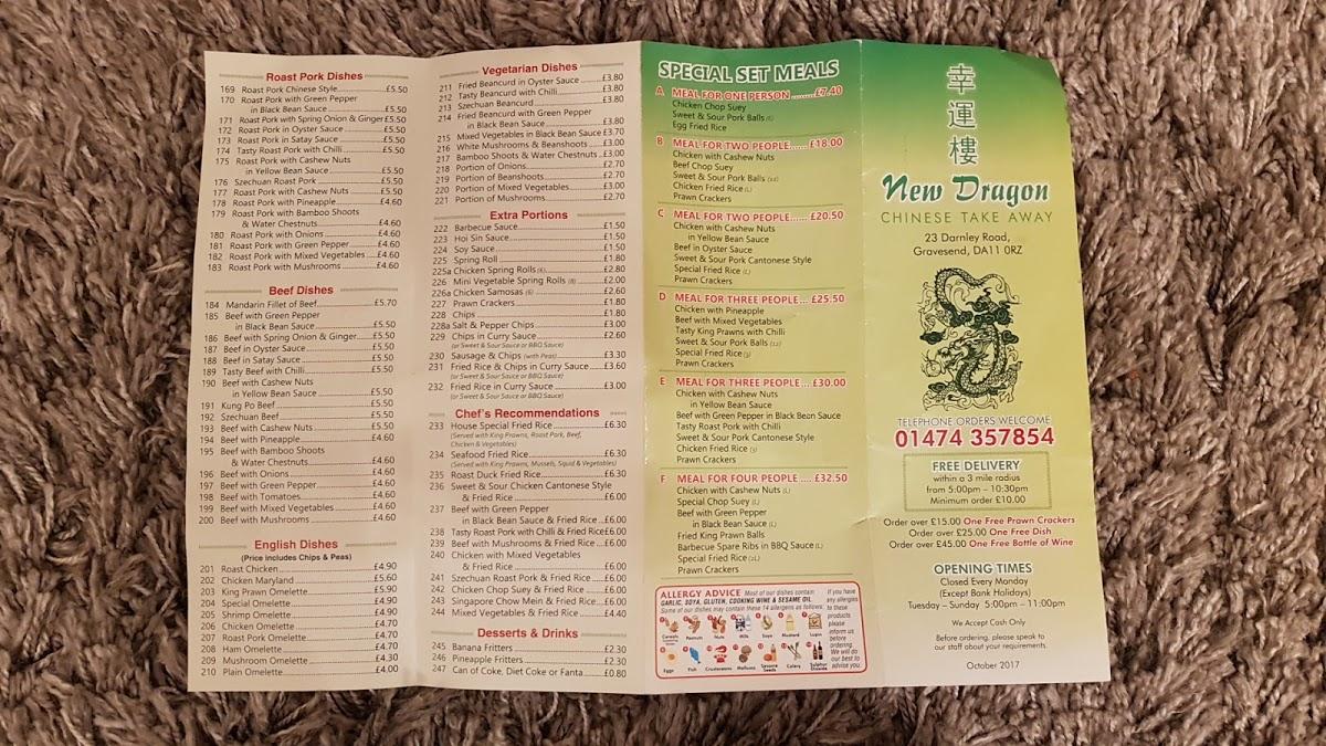 Menu at New Dragon restaurant, Gravesend