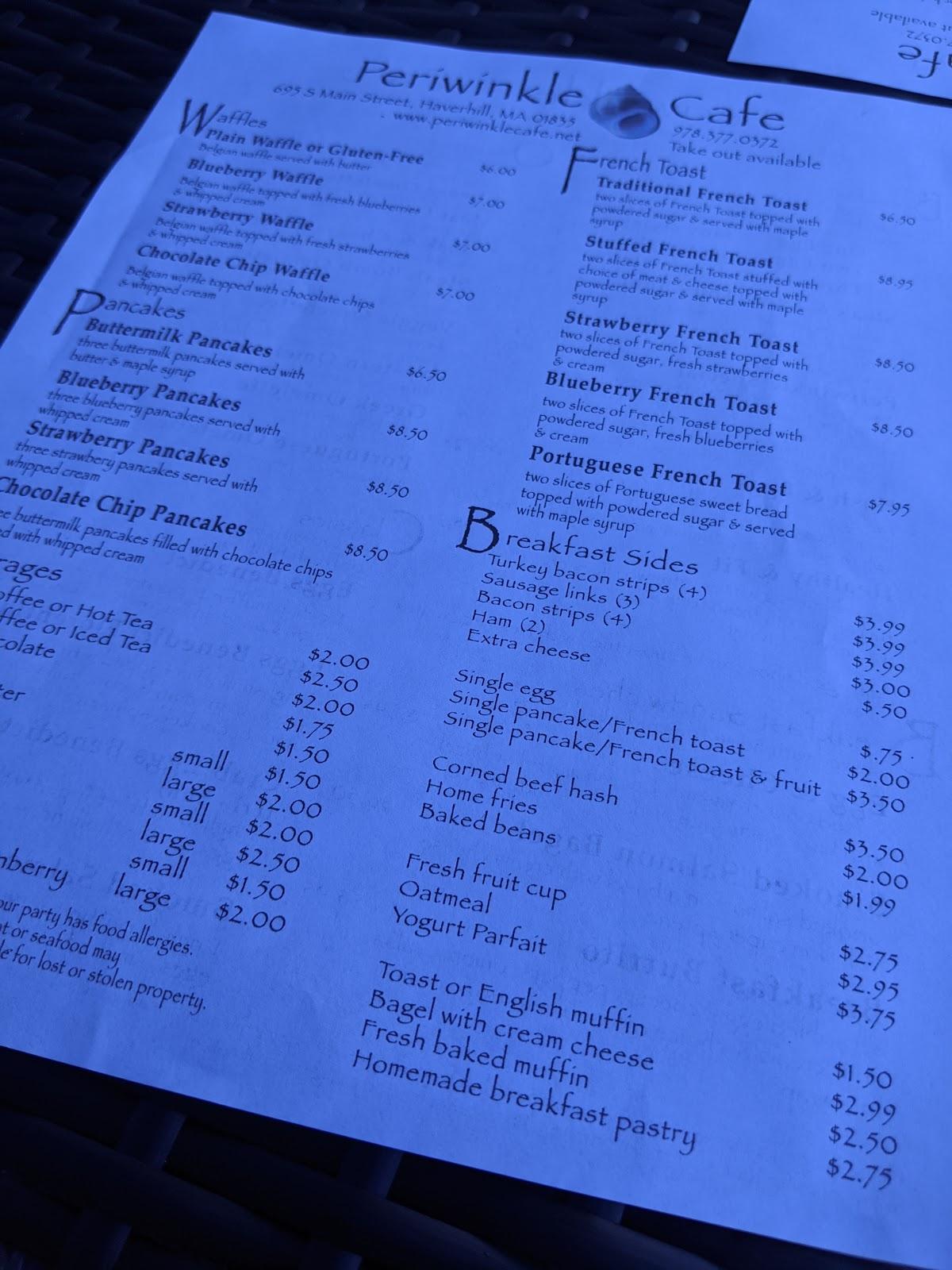 Menu at Periwinkle Cafe, Haverhill