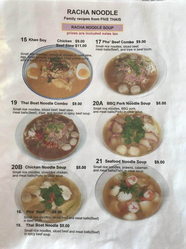 Menu at Racha Noodle restaurant, Redding
