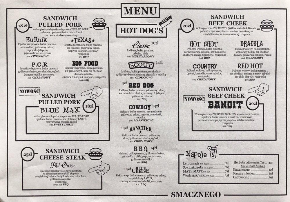 Menu at Red Dog's restaurant, Warsaw