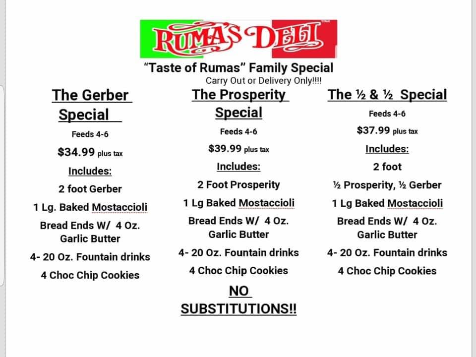 Menu at Ruma's Deli pizzeria, Imperial