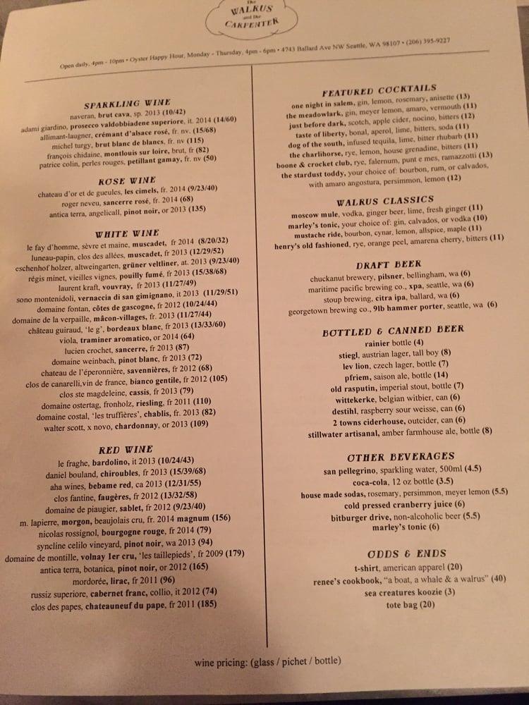 Menu at The Walrus and the Carpenter restaurant, Seattle