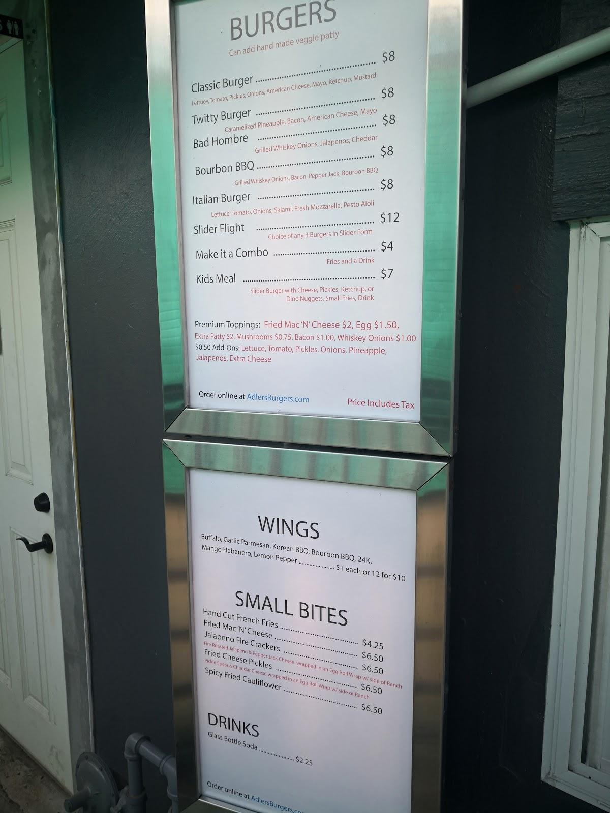 Menu at Adler’s restaurant, Winter Haven