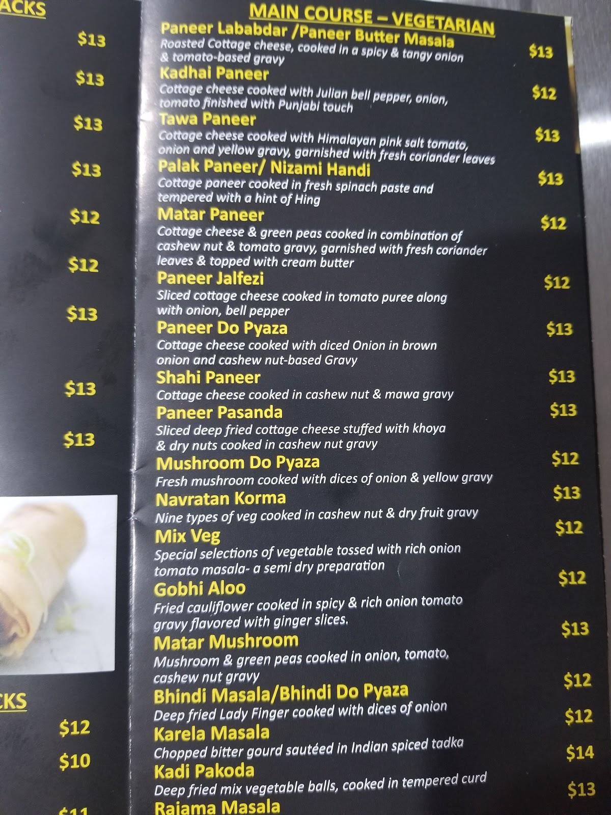 Menu at Bollywood Indian Cuisine restaurant, Edmonton