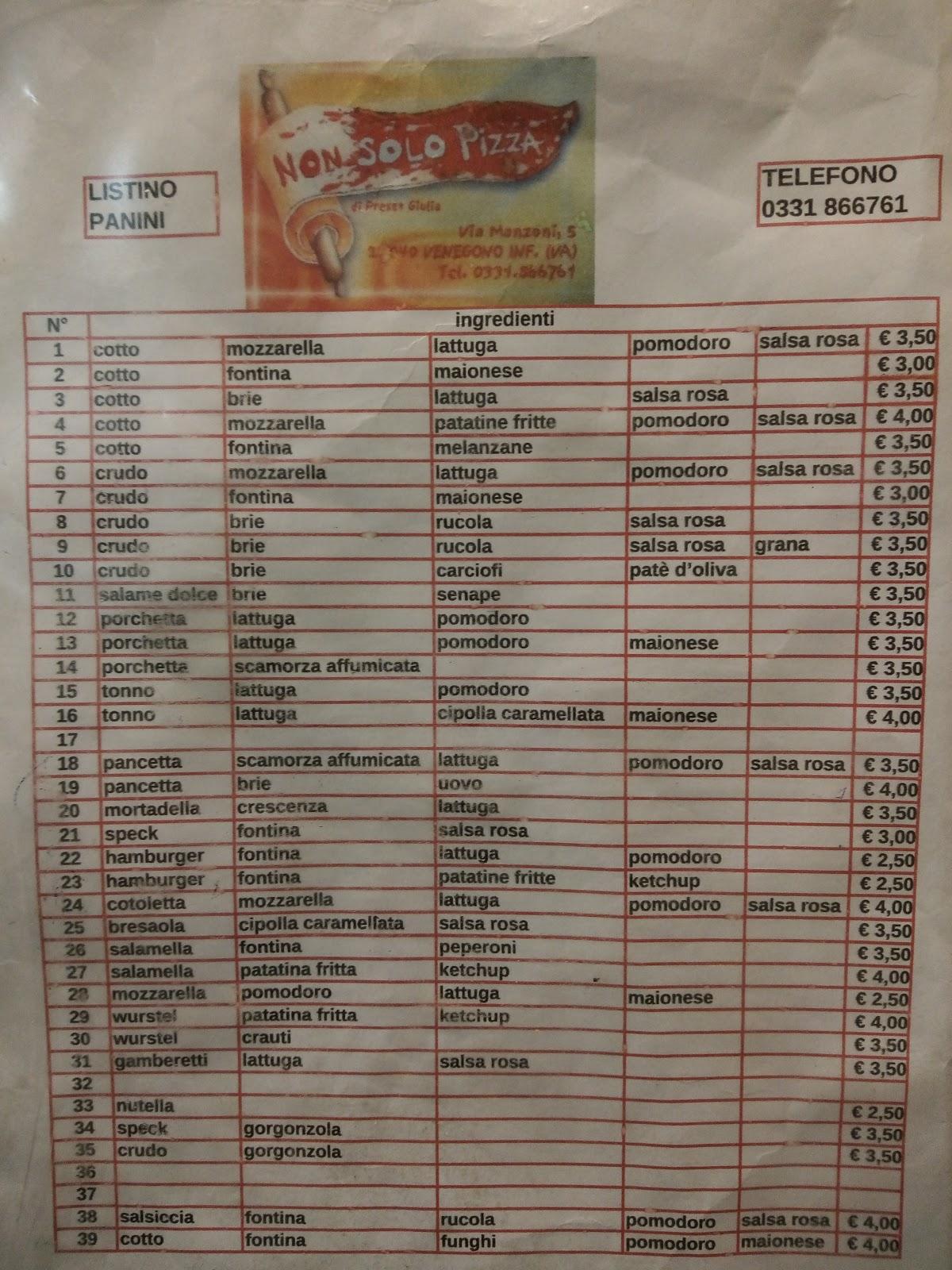 Menu da Non Solo Pizza ristorante, Venegono Inferiore